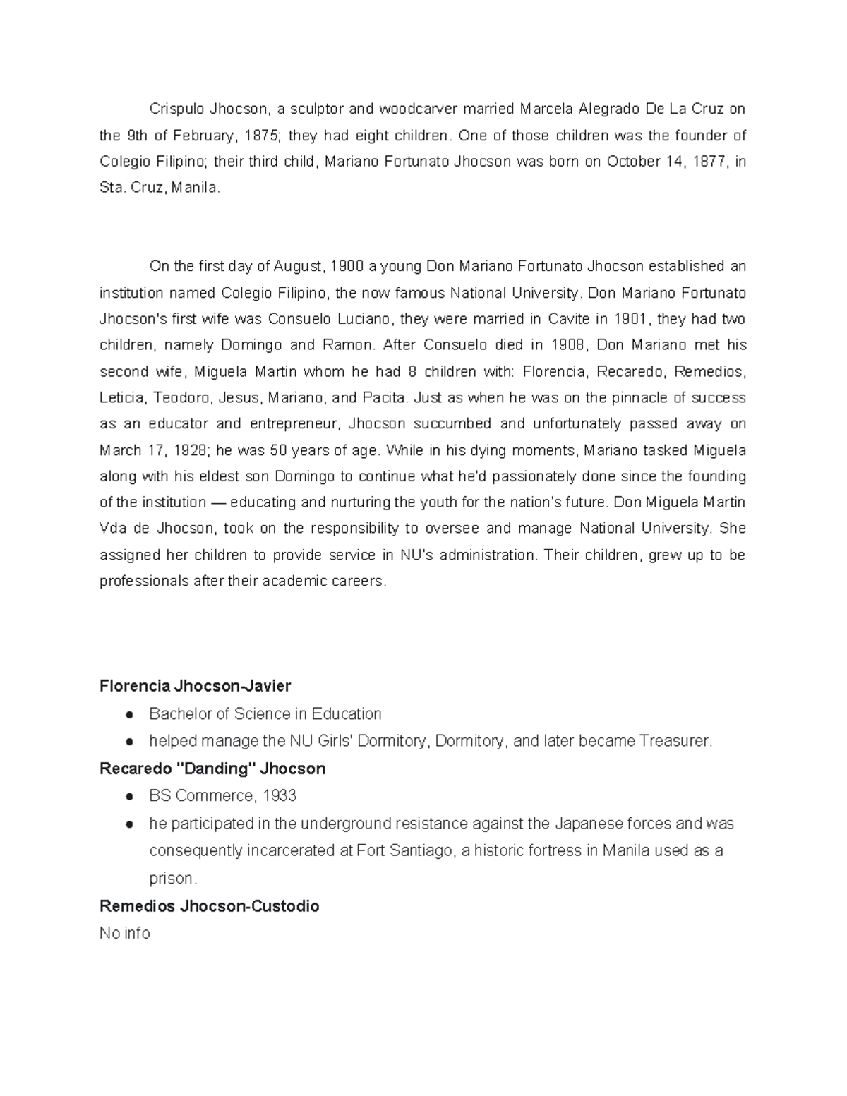 Nationalian Research: Legacy of Mariano Fortunato Jhocson - Studocu