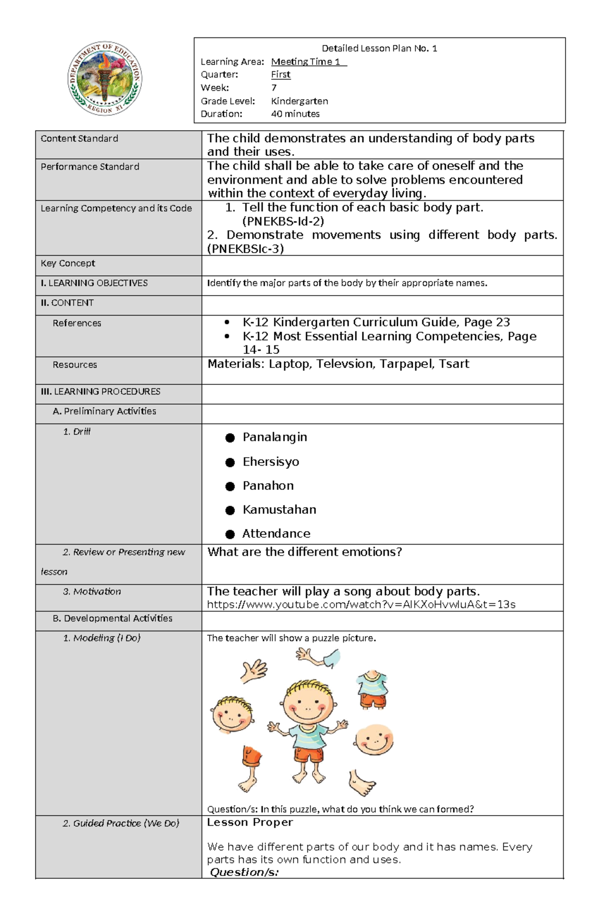 COT-PNEKBS Detailed Lesson Plan on Body Parts for Kindergarten - Studocu