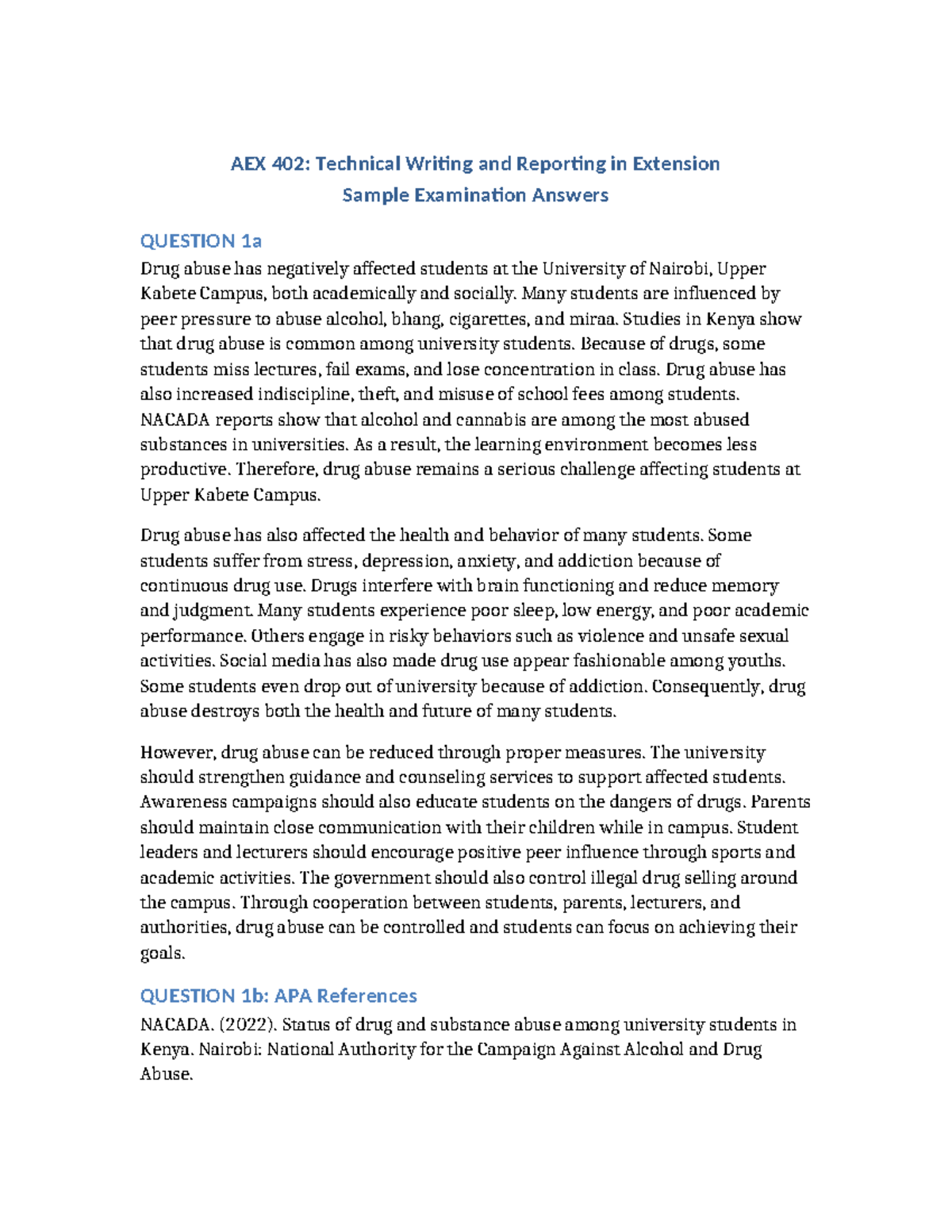 AEX 402: Sample Exam Answers on Drug Abuse and Audience Analysis - Studocu