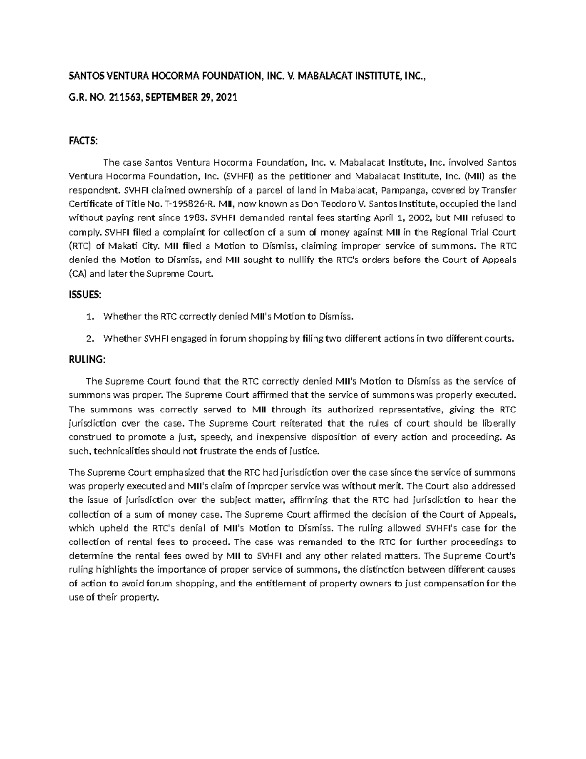 Santos Ventura Hocorma Foundation, Inc. v. Mabalacat Institute, Inc. Case Study - Studocu