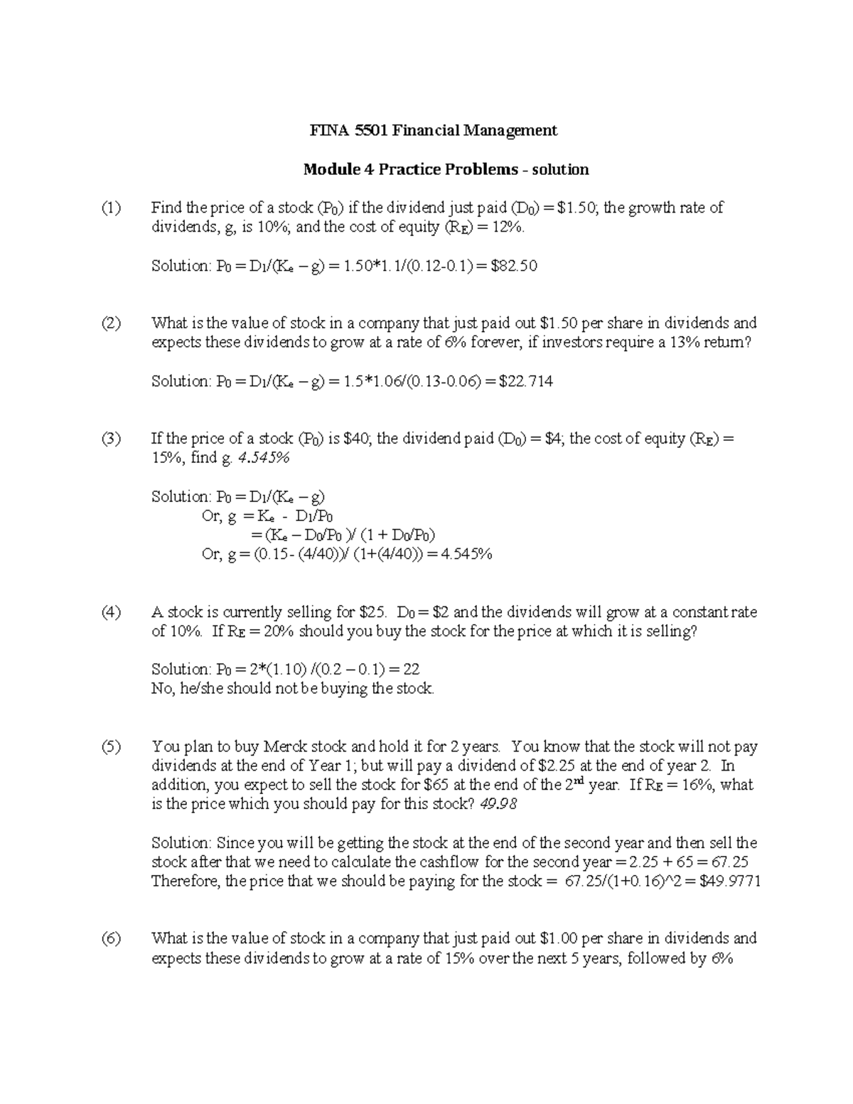Module 4 Solutions Word DOC - FINA 5501 Financial Management Module 4 ...