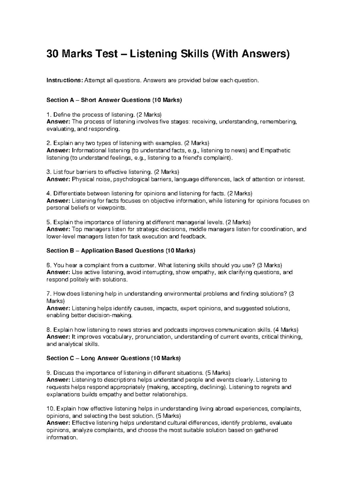 Listening Skills 30 Marks Test (With Answers) - Studocu