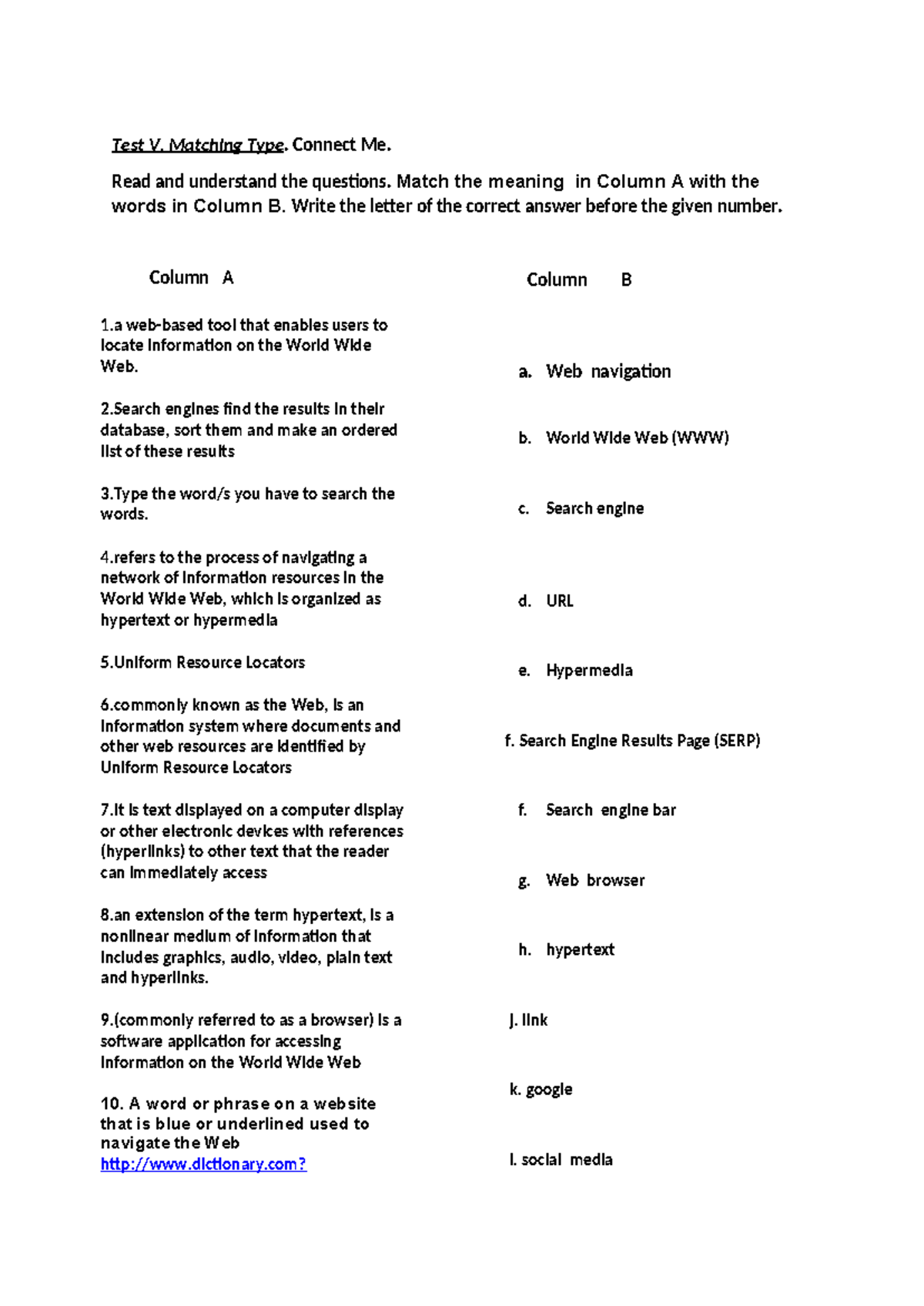Test II Grade 7 Matching Type Questions and Answers - Studocu