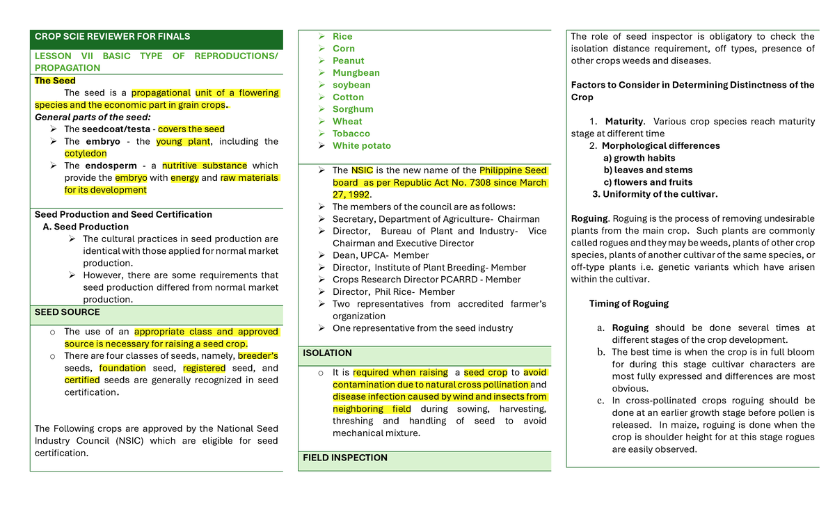CROP SCIE 101: Final Exam Reviewer on Plant Propagation & Seed Production - Studocu