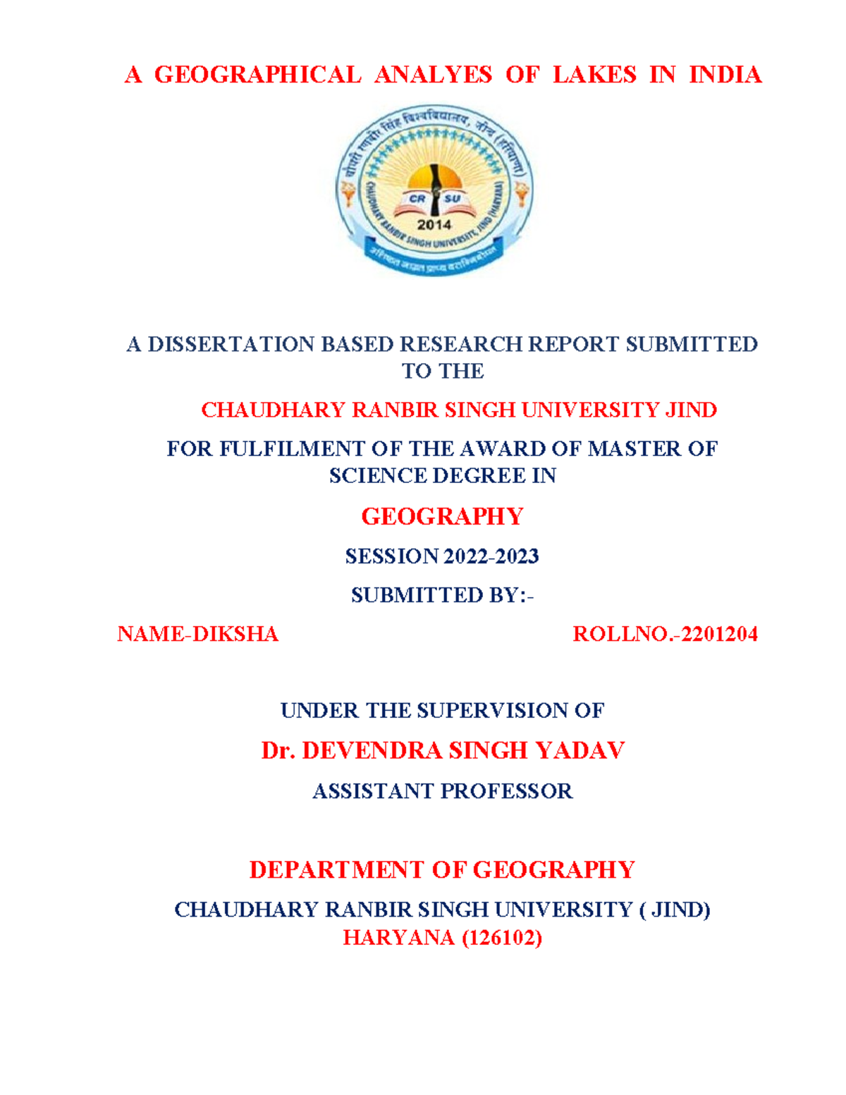 Geographical Analysis of Lakes in India: MSc Geography Thesis - Studocu