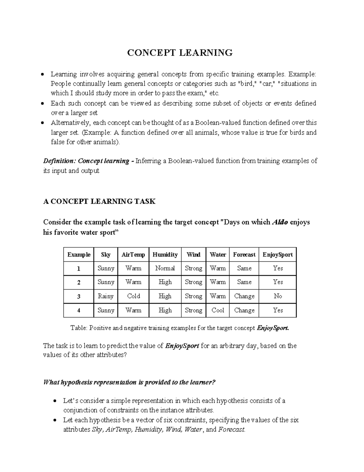 Unit 2 - Concept Learning Notes: Understanding Hypothesis and Training ...