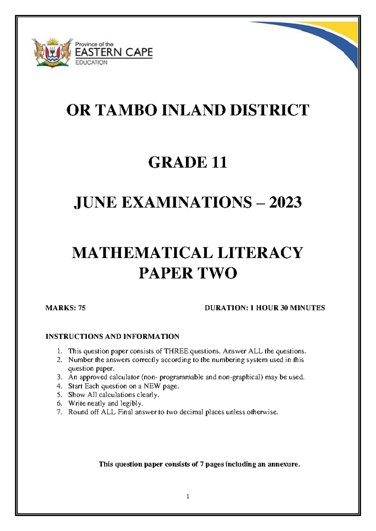 Grade 11 Mathematical Literacy Paper 2: June Exam 2023 - Studocu