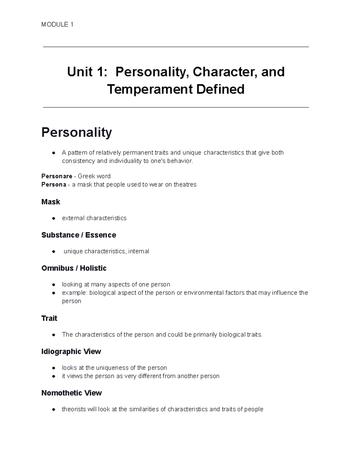 Module 1 Theories OF Personality - Unit 1: Personality, Character, and ...