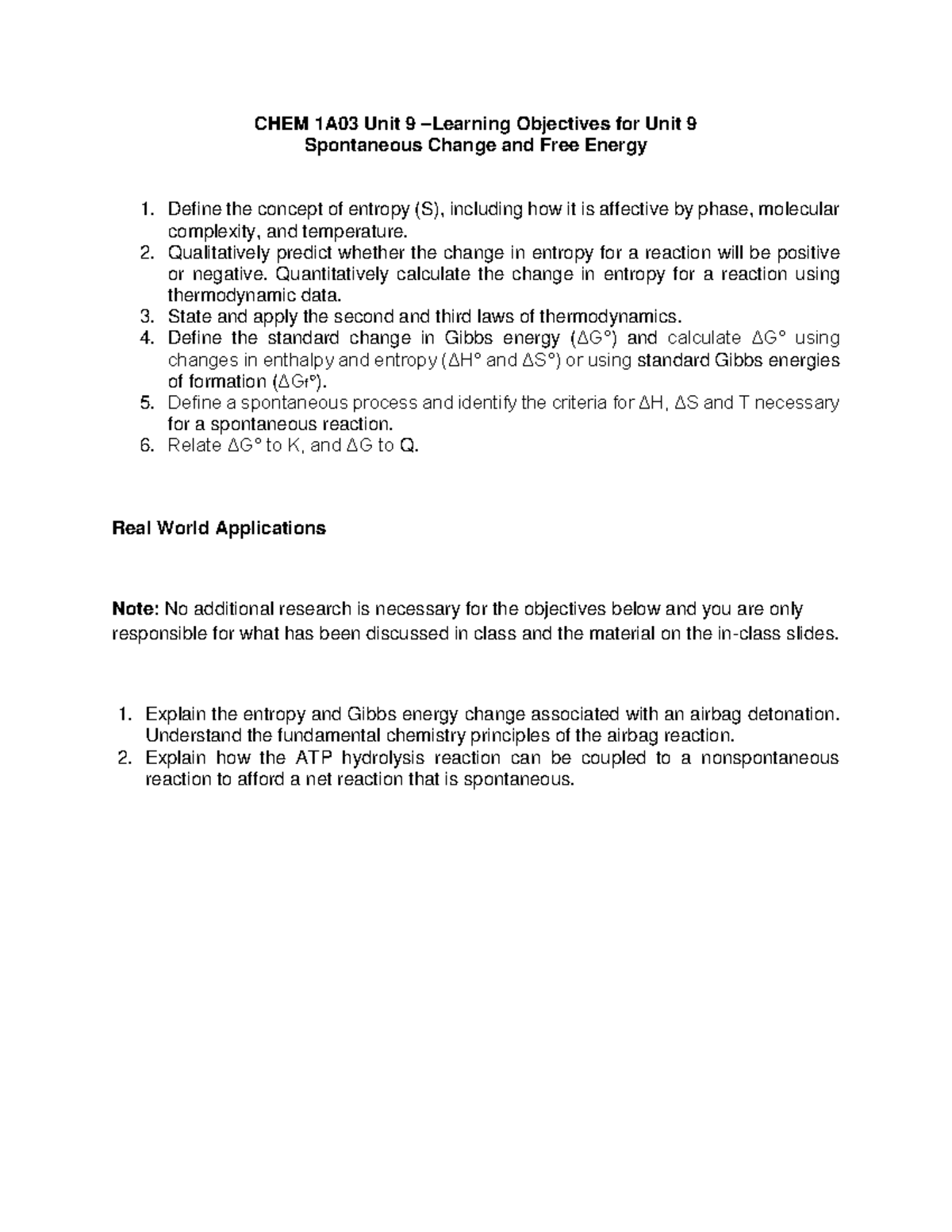 CHEM 1A03 Unit 9 Learning Objectives: Entropy & Gibbs Energy - Studocu