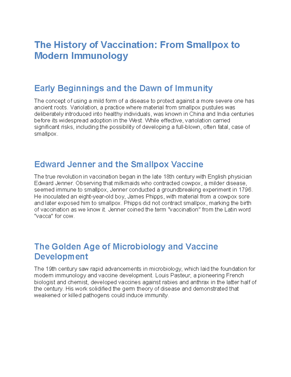History of Vaccination & Immunology: Key Milestones and MCQs - Studocu