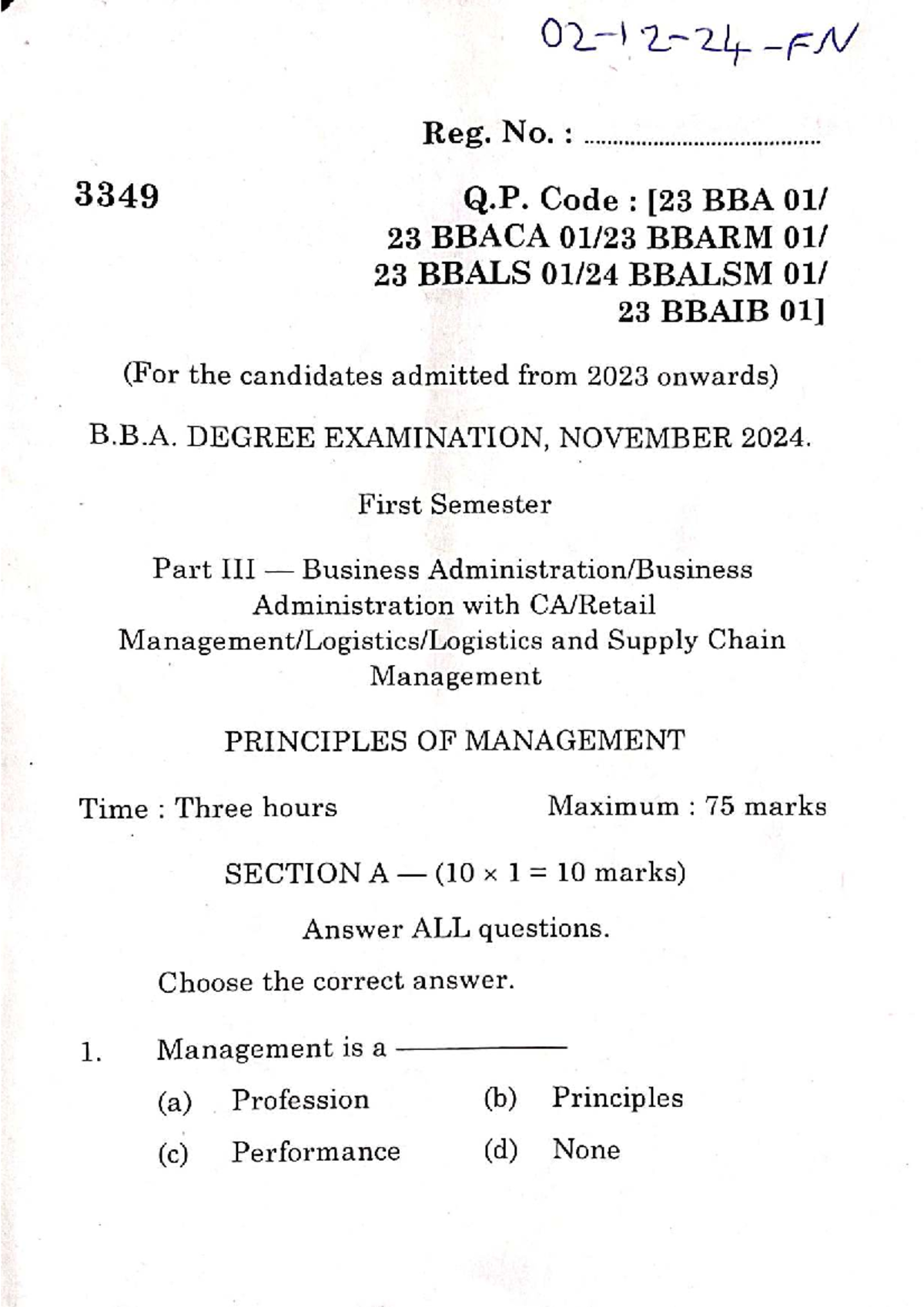 BBA 23 - Principles of Management Final Exam Q.P. Code: 3349 - Studocu
