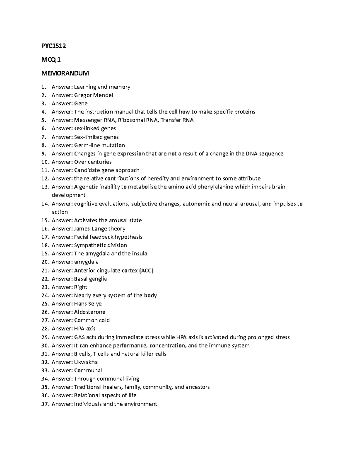PYC1512 MCQ1 MEMO - Practice Exam Questions and Answers - Studocu