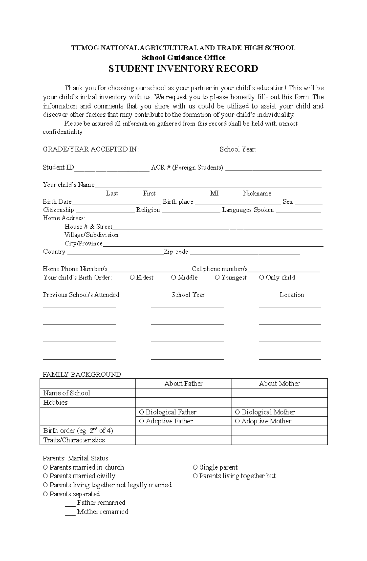 TUMOG NATIONAL AGRICULTURAL AND TRADE HIGH SCHOOL Student Inventory ...