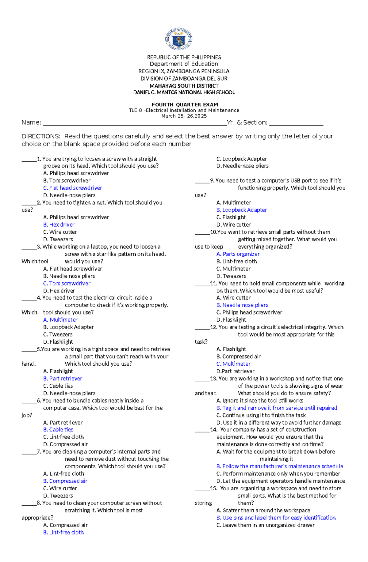 TLE 8 Fourth Quarter Exam: Installation & Maintenance Test Questions ...