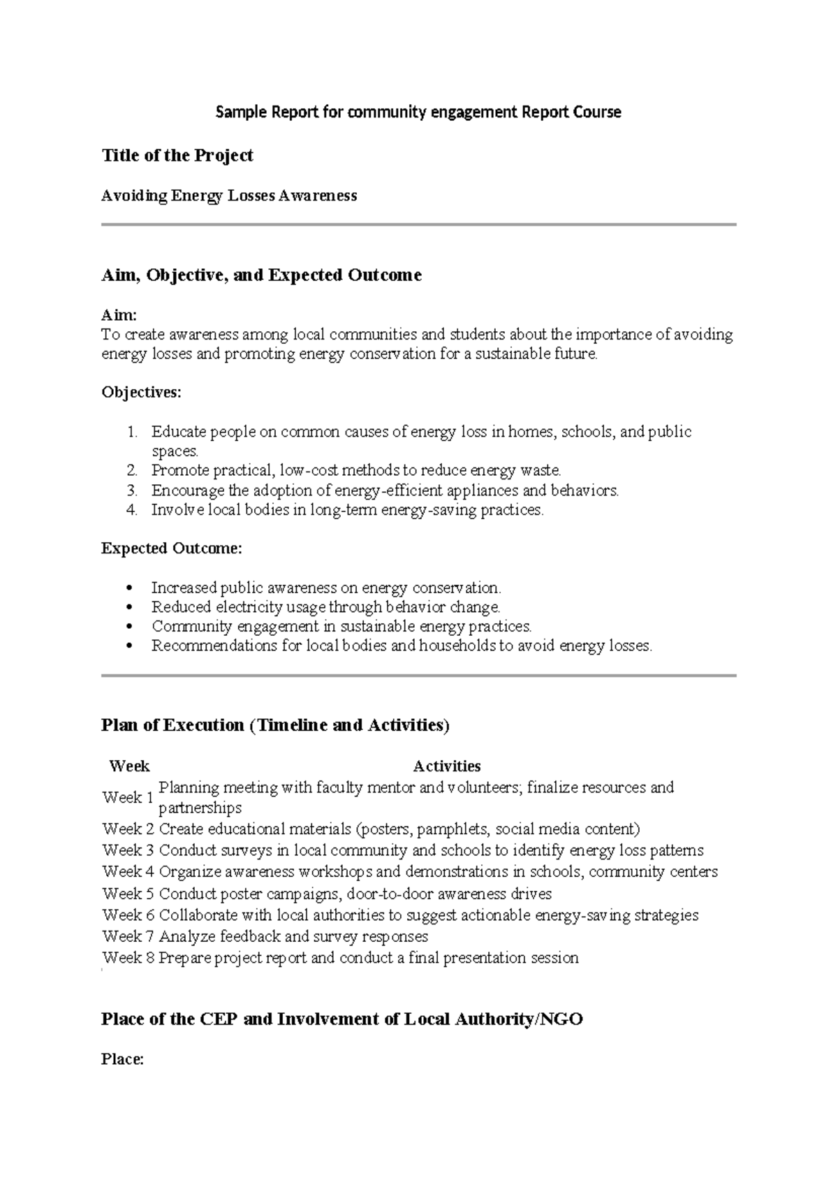 Community Engagement Report: Avoiding Energy Losses Awareness Project ...
