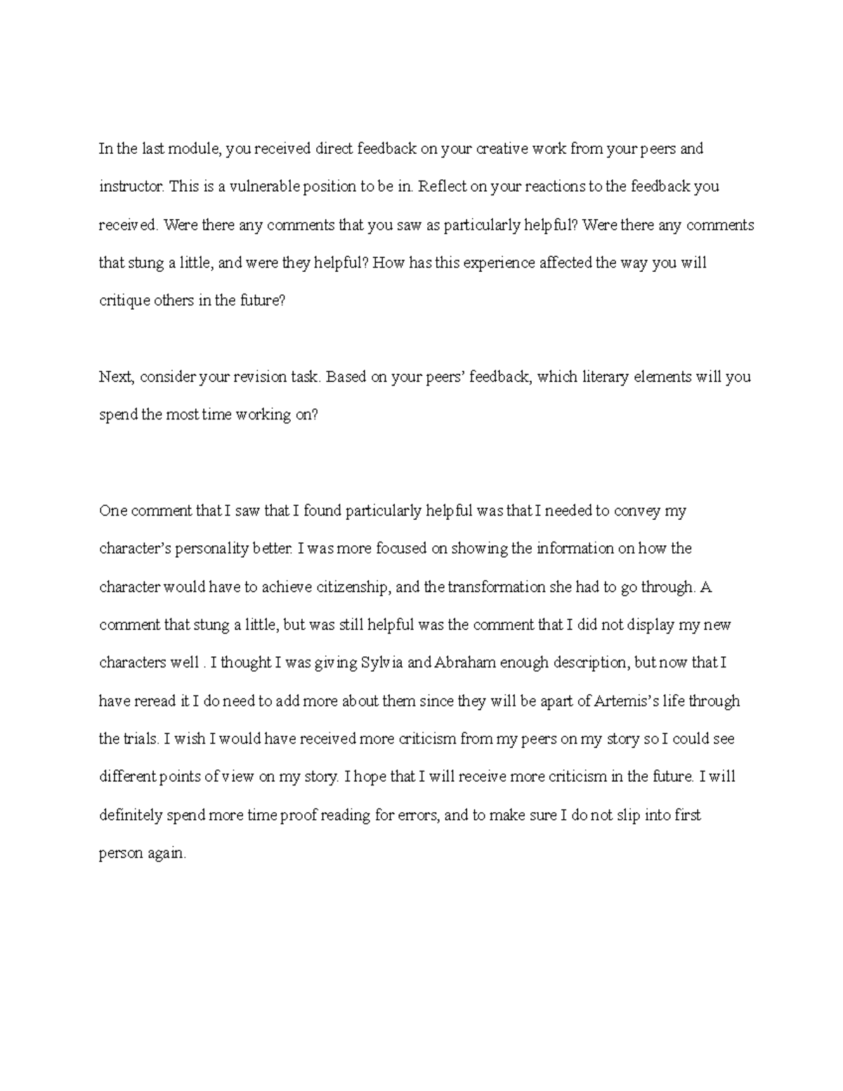 Creative writing 7-1 discussion - In the last module, you received ...