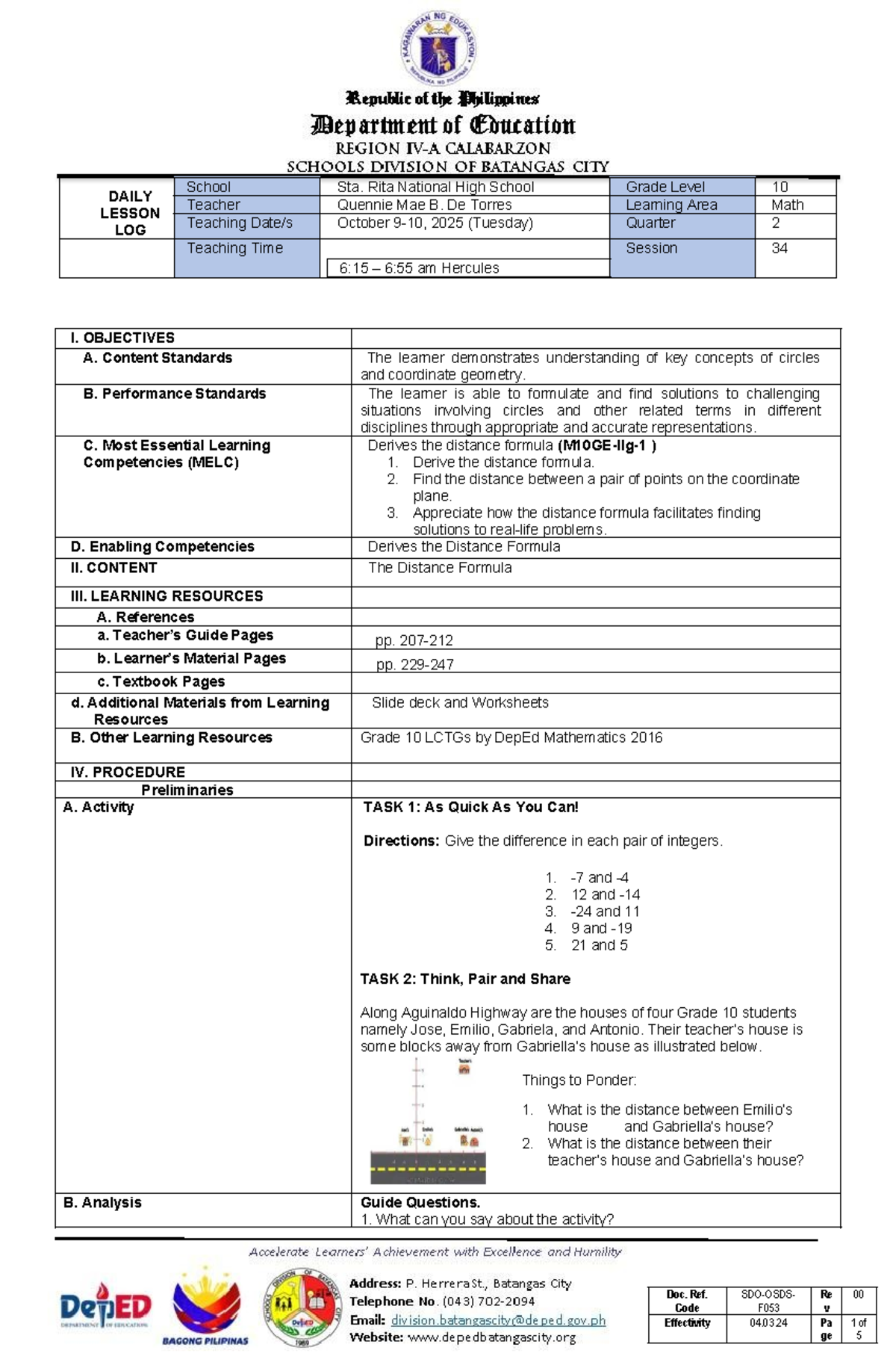DAILY LESSON LOG: Distance Formula for Grade 10 Math (10-9-10) - Studocu