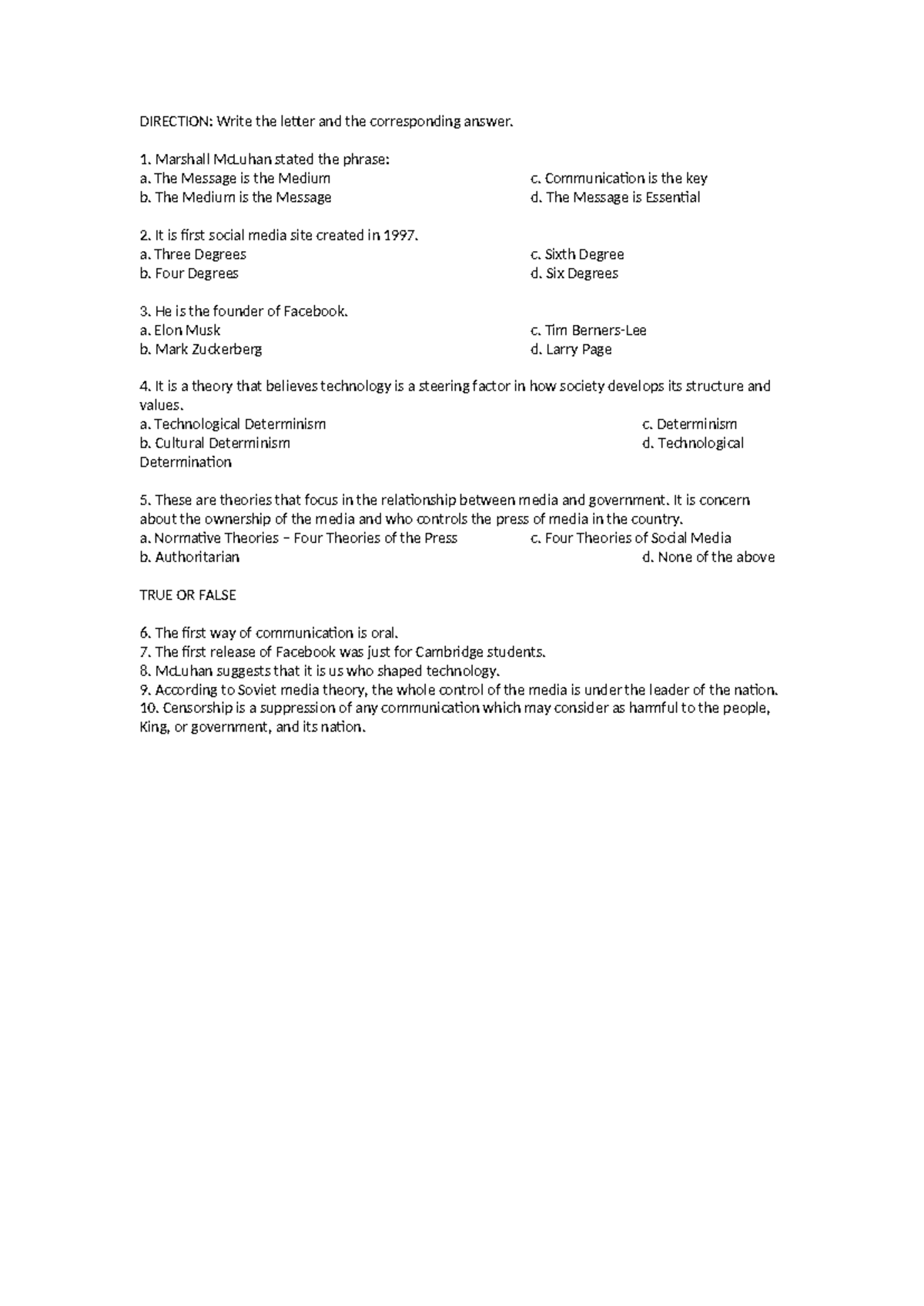 Quiz: Media Theories & Communication Concepts - Studocu
