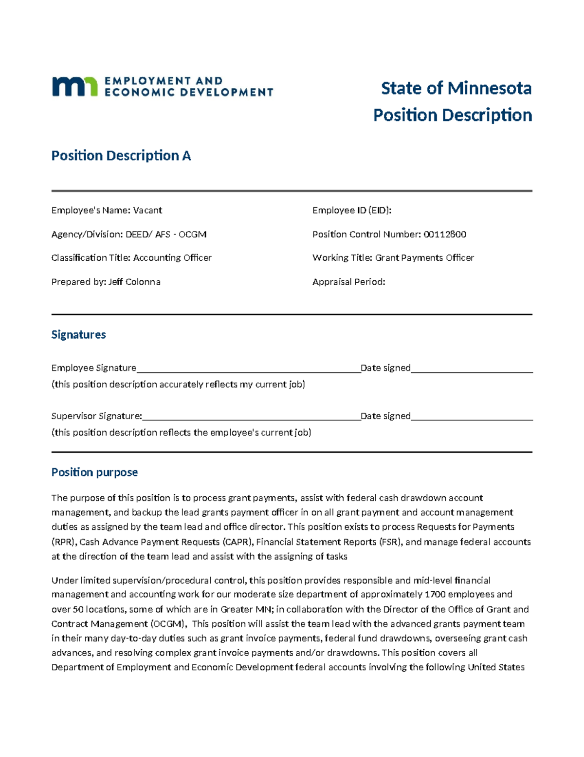 State of Minnesota Position Description: Accounting Officer - Grant ...