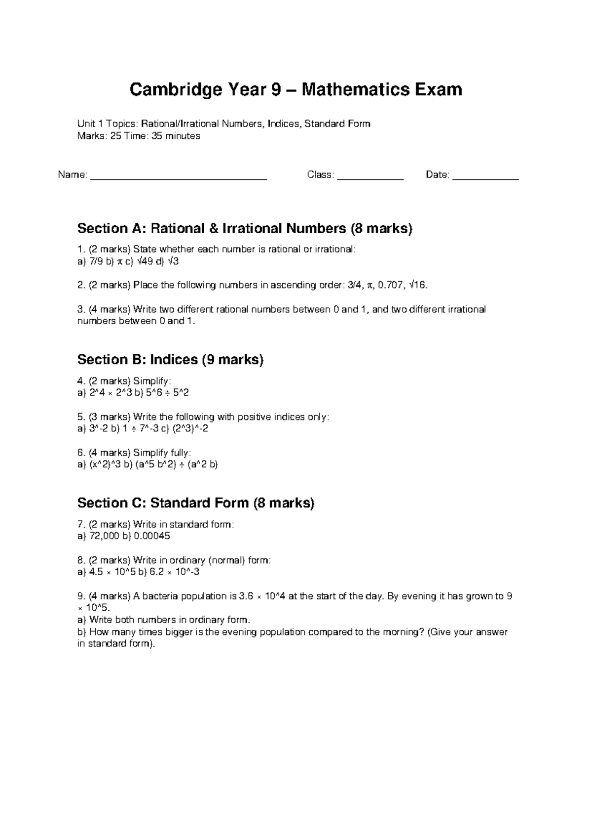 Cambridge Y9 Math Exam Unit 1: Numbers, Indices & Standard Form - Studocu