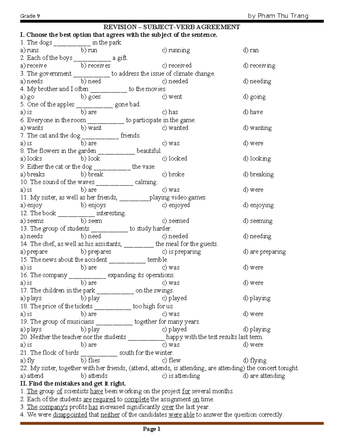 Grade 9 English Revision: Subject-Verb Agreement Exercises - Studocu