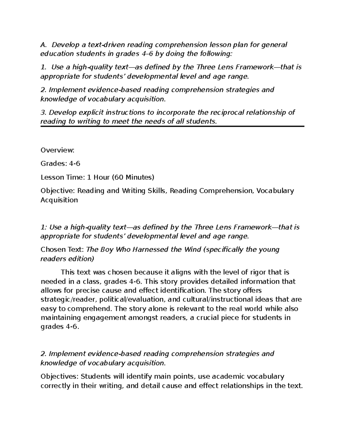 CRN1 Lesson Plan: Reading Comprehension for Grades 2-3 - Studocu