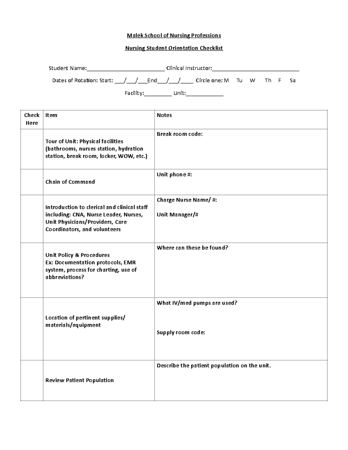 NUR 101: Student Orientation Checklist for Clinical Rotations - Studocu