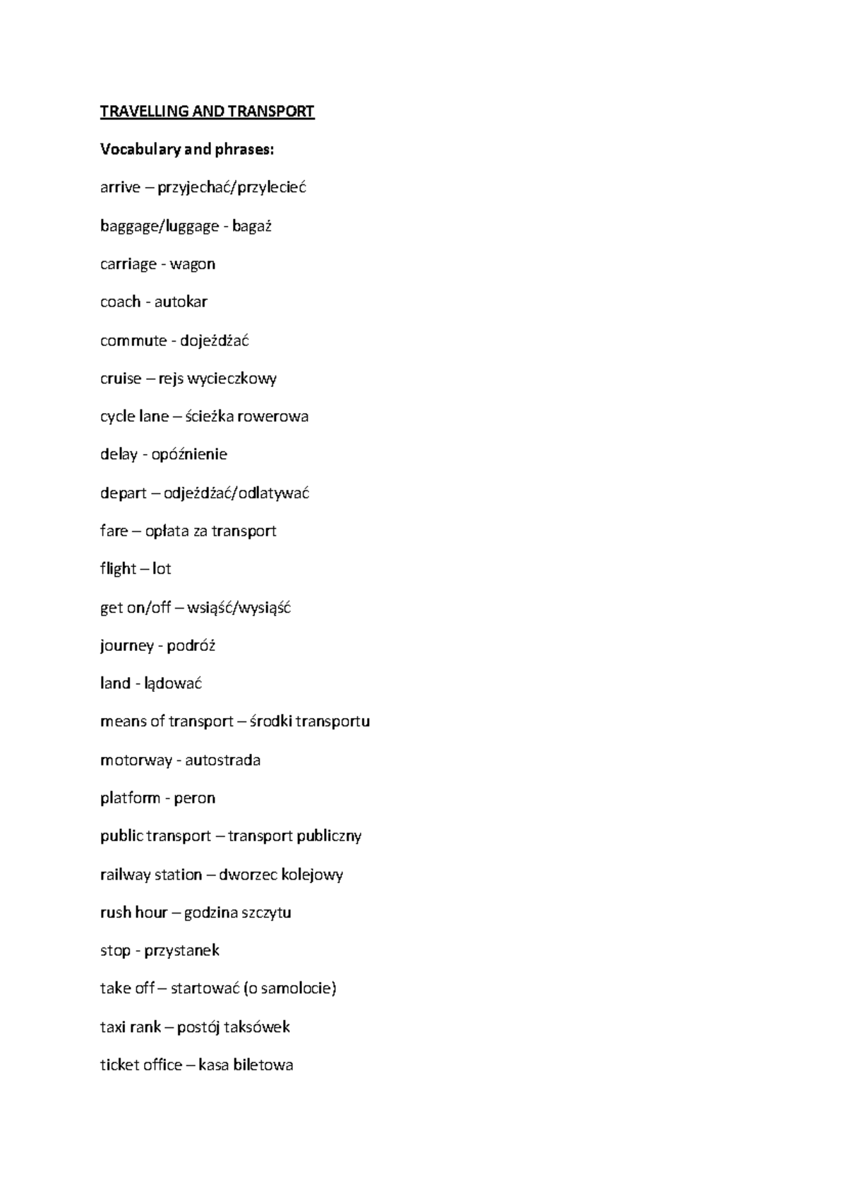TRAVELLING AND TRANSPORT Vocabulary & Expressions for ESL Students ...