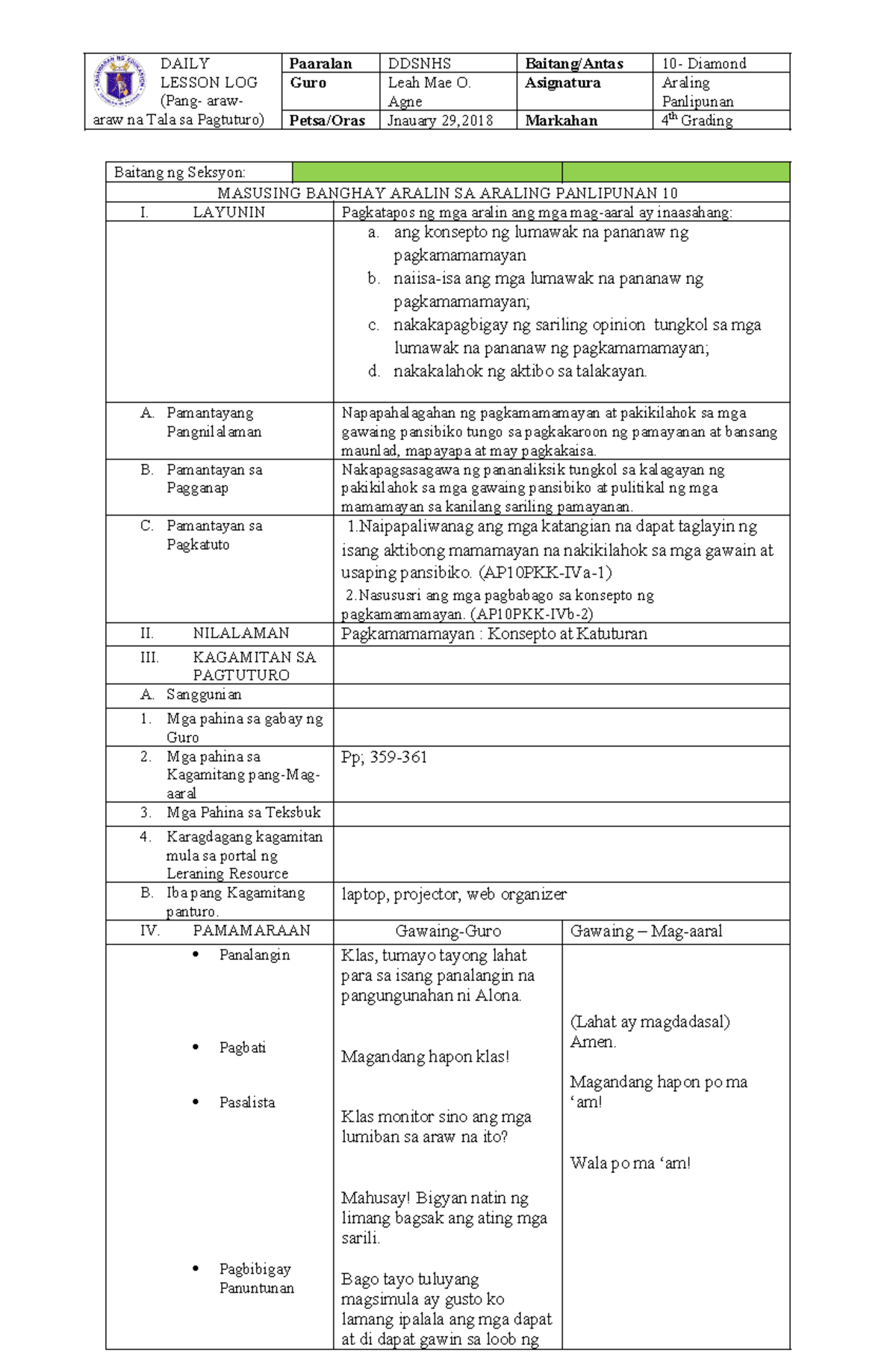 Pagkamamamayan-DLL: Masusing Banghay Aralin sa AP10 - Studocu