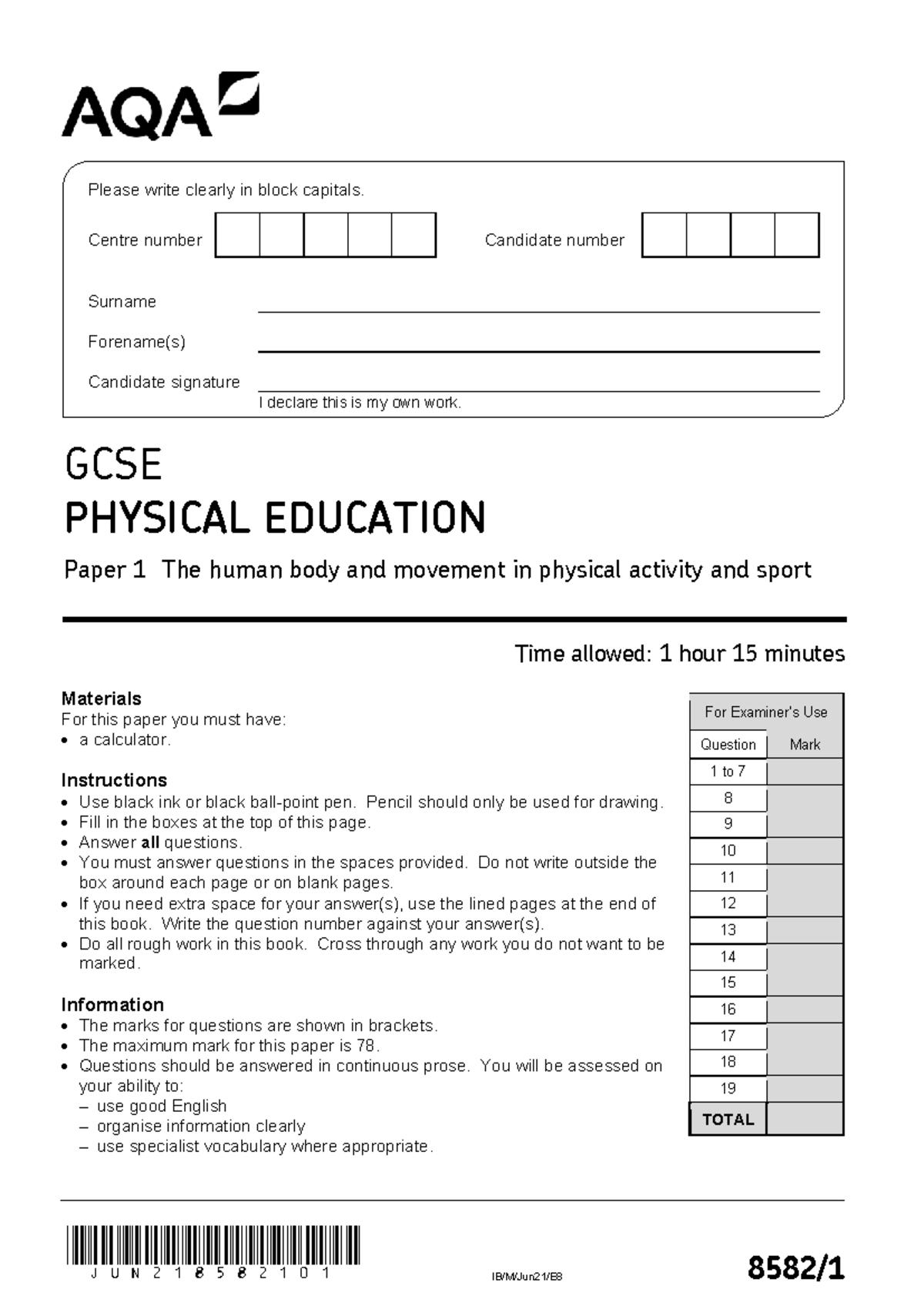 AQA 85821 GCSE PE Paper 1: Human Body & Movement Exam Guide - Studocu