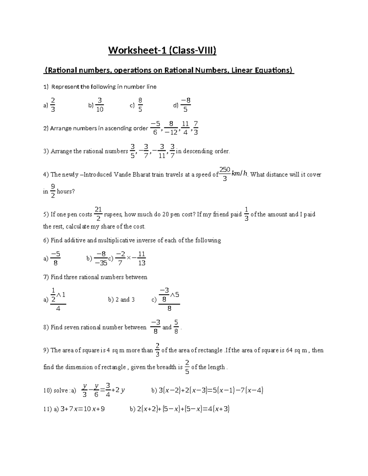 Maths Revision Worksheet VIII: Rational Numbers & Linear Equations ...