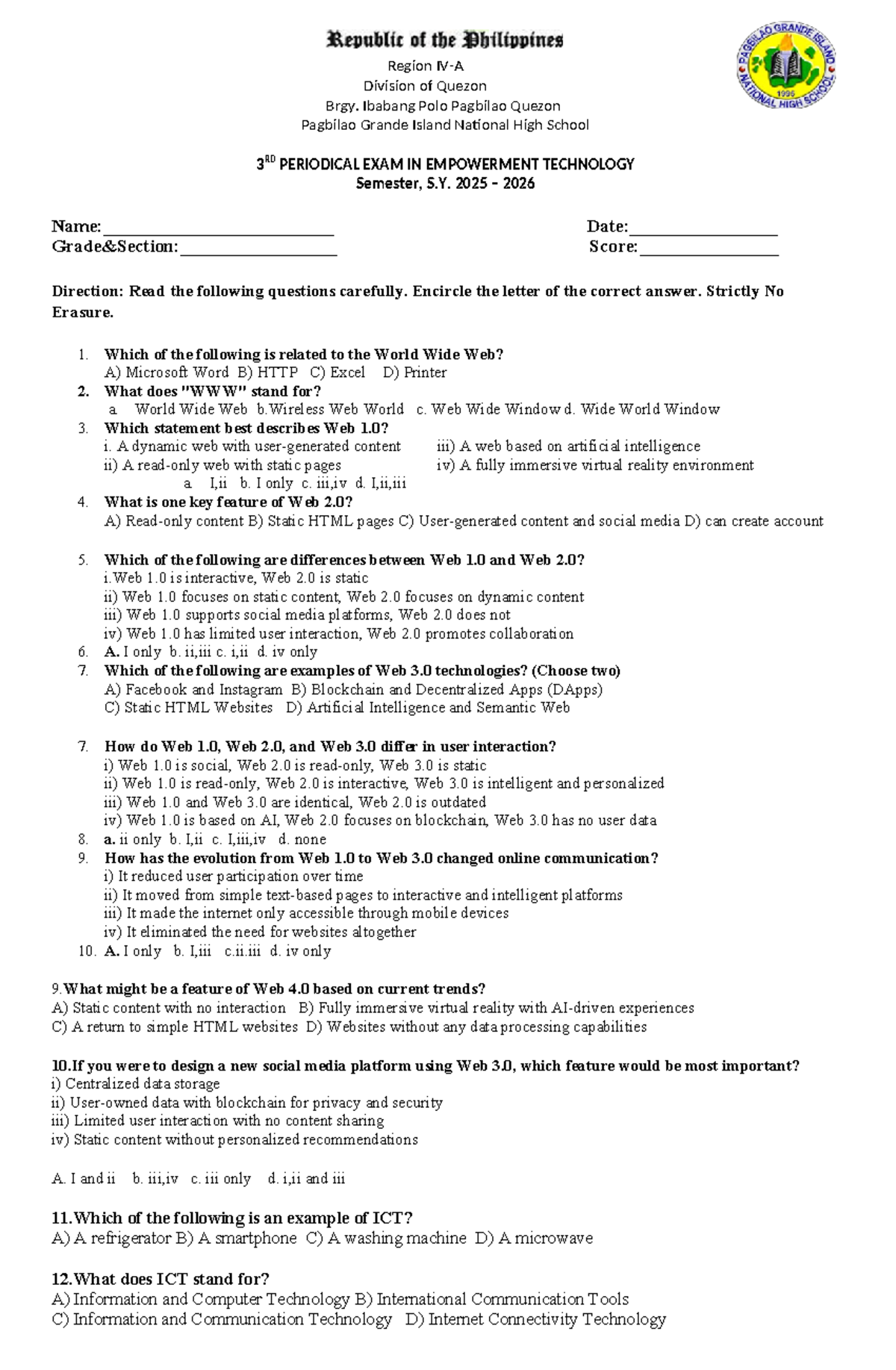 3RD Quarter EXAM Emptech - Region IV-A Division of Quezon Brgy. Ibabang Polo Pagbilao Quezon ...