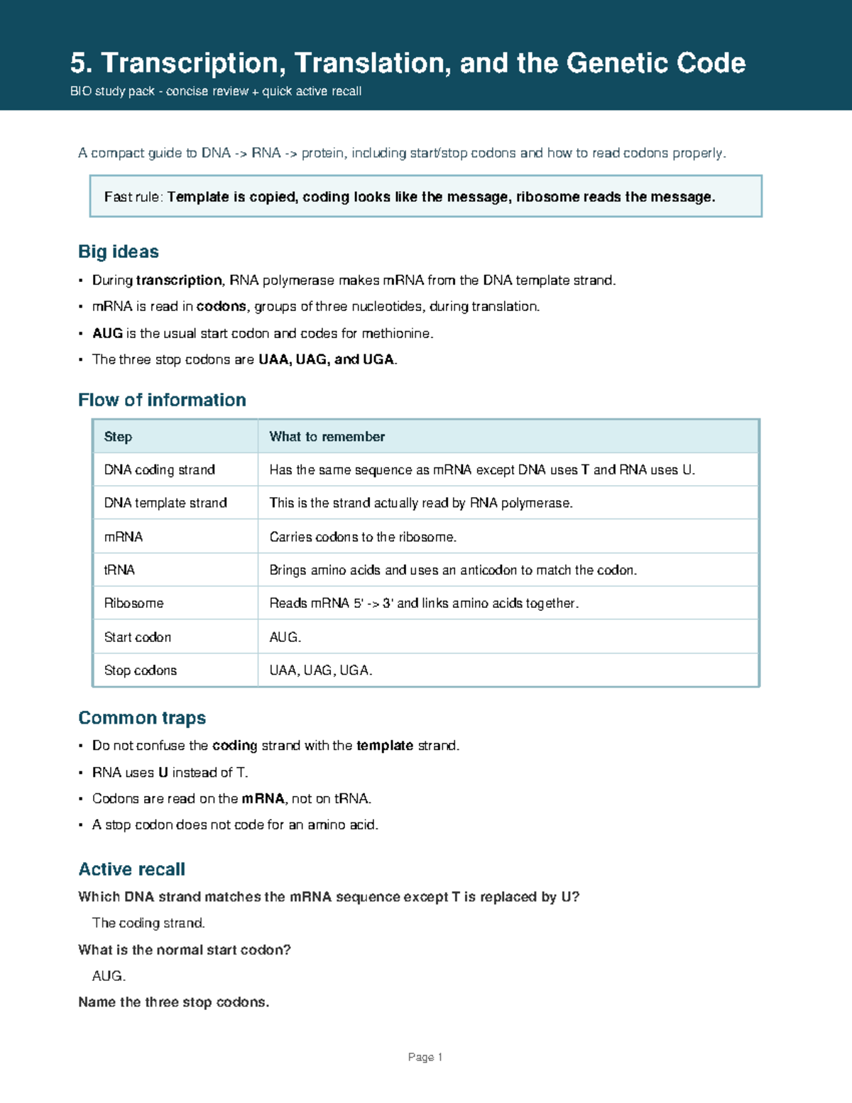 BIO 5: Transcription, Translation & Genetic Code Study Pack - Studocu