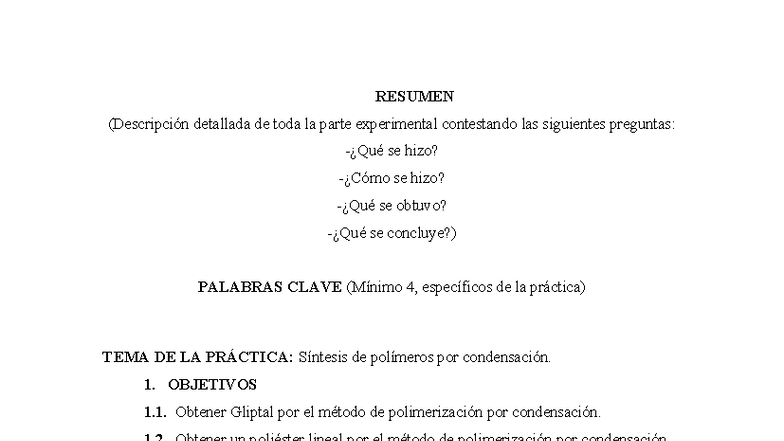 Informe de Laboratorio: Síntesis de Polímeros por Condensación - QI ...