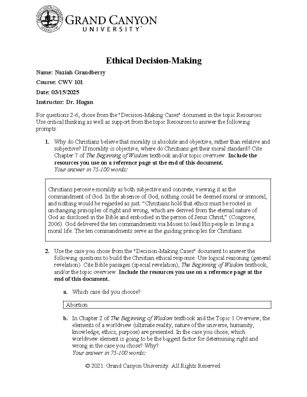Naziah's Ethical Decision Making Assignment - Ethical Decision-Making ...