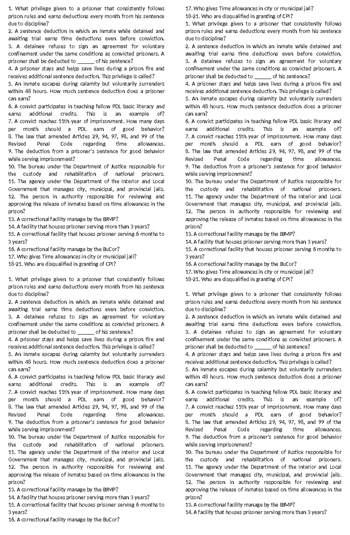 Quiz on Prisoner Privileges and Sentence Deductions (Sq1) - Studocu