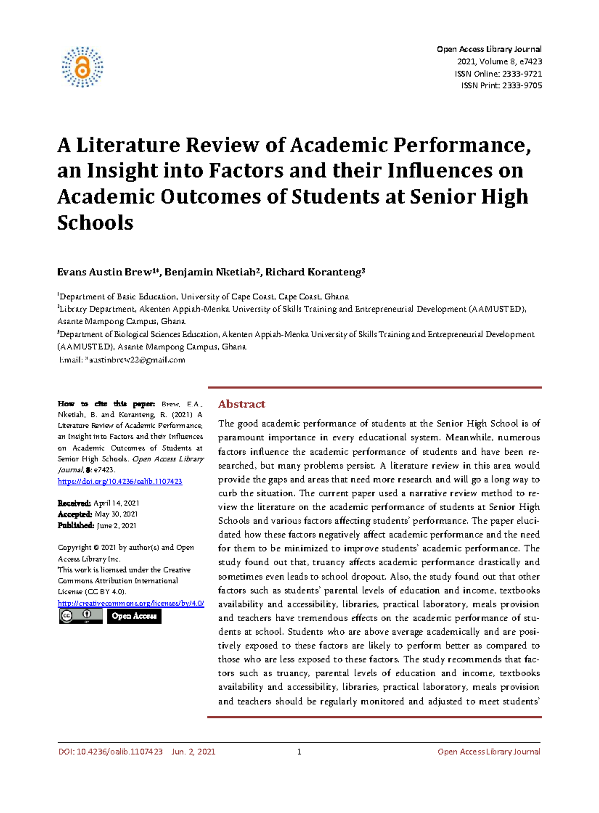 A Literature Review on Academic Performance Factors in SHS Students ...