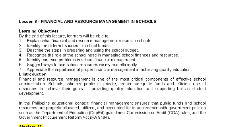 Lesson 8: Financial & Resource Management in Schools (SVER) - Studocu
