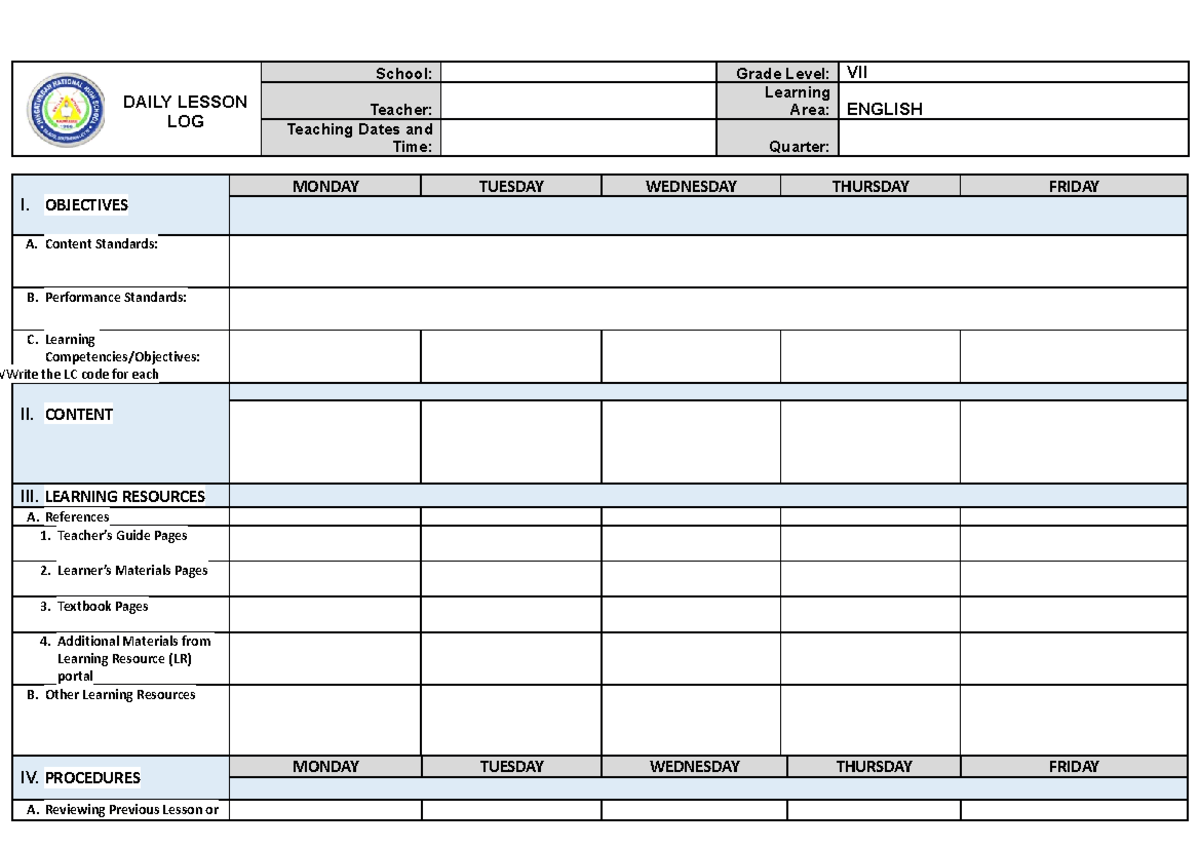 EXAMPLE OF DAILY LESSON LOG - DAILY LESSON LOG School: Grade Level: VII ...