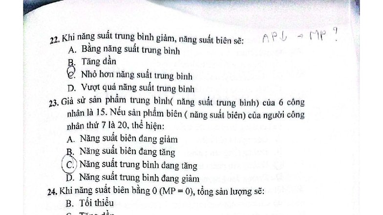 API MP: Nãng Suất Trung Bình và Nãng Suất Biên - Ôn Tập 2025 - Studocu