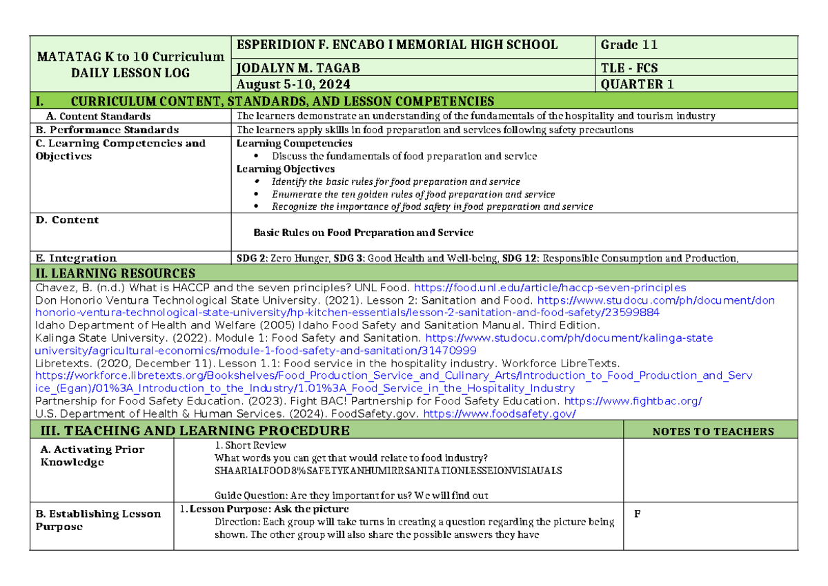 Revised Lesson Plan: TLE-FCS Grade 11 on Food Safety & Preparation ...