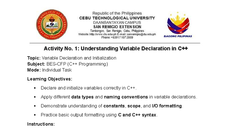 Activity No. 1: Variable Declaration & Initialization in Programming ...