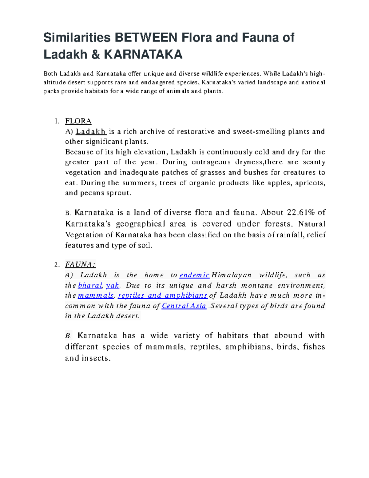 Comparative Study of Flora & Fauna in Ladakh and Karnataka - Studocu