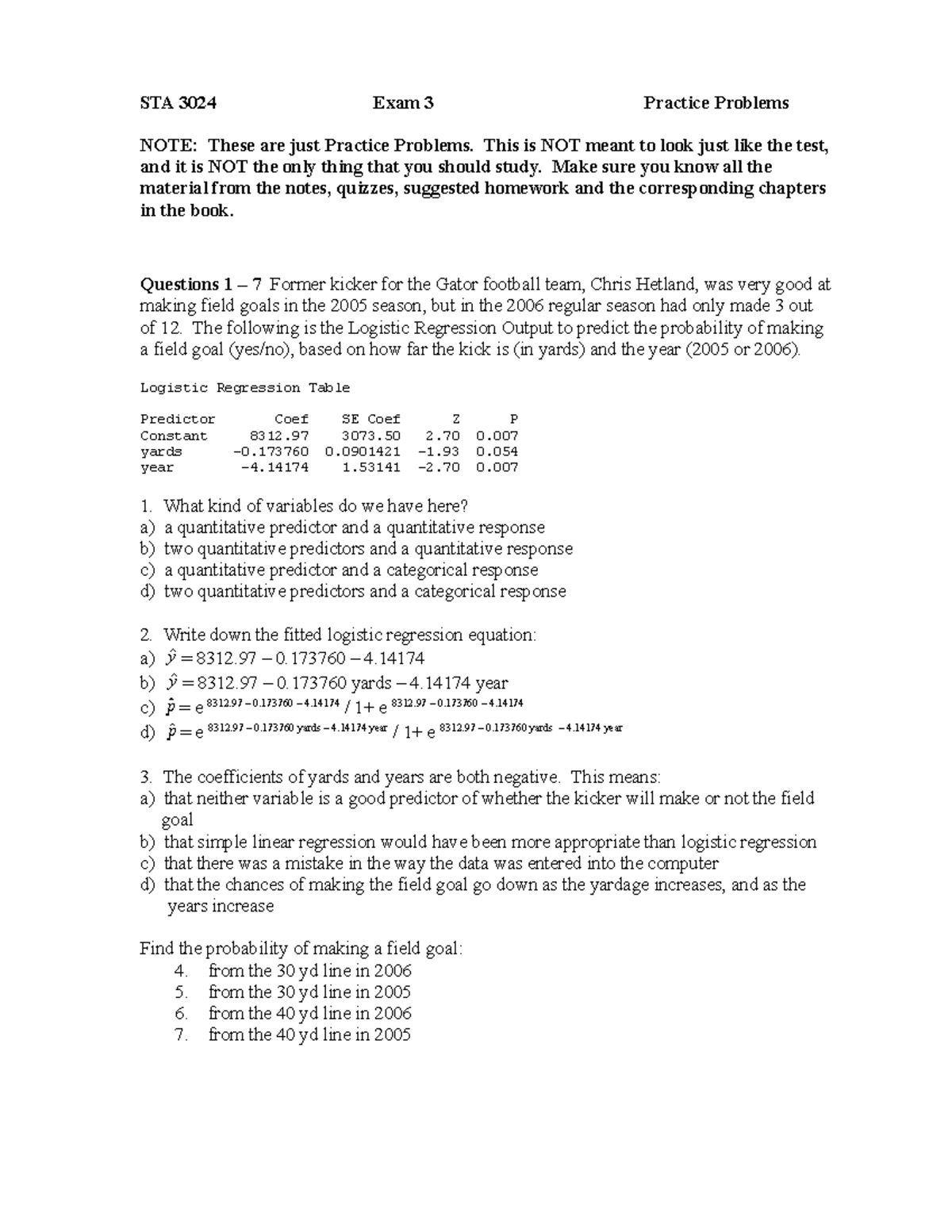 STA 3024 Final Exam Practice Problems Overview - Studocu