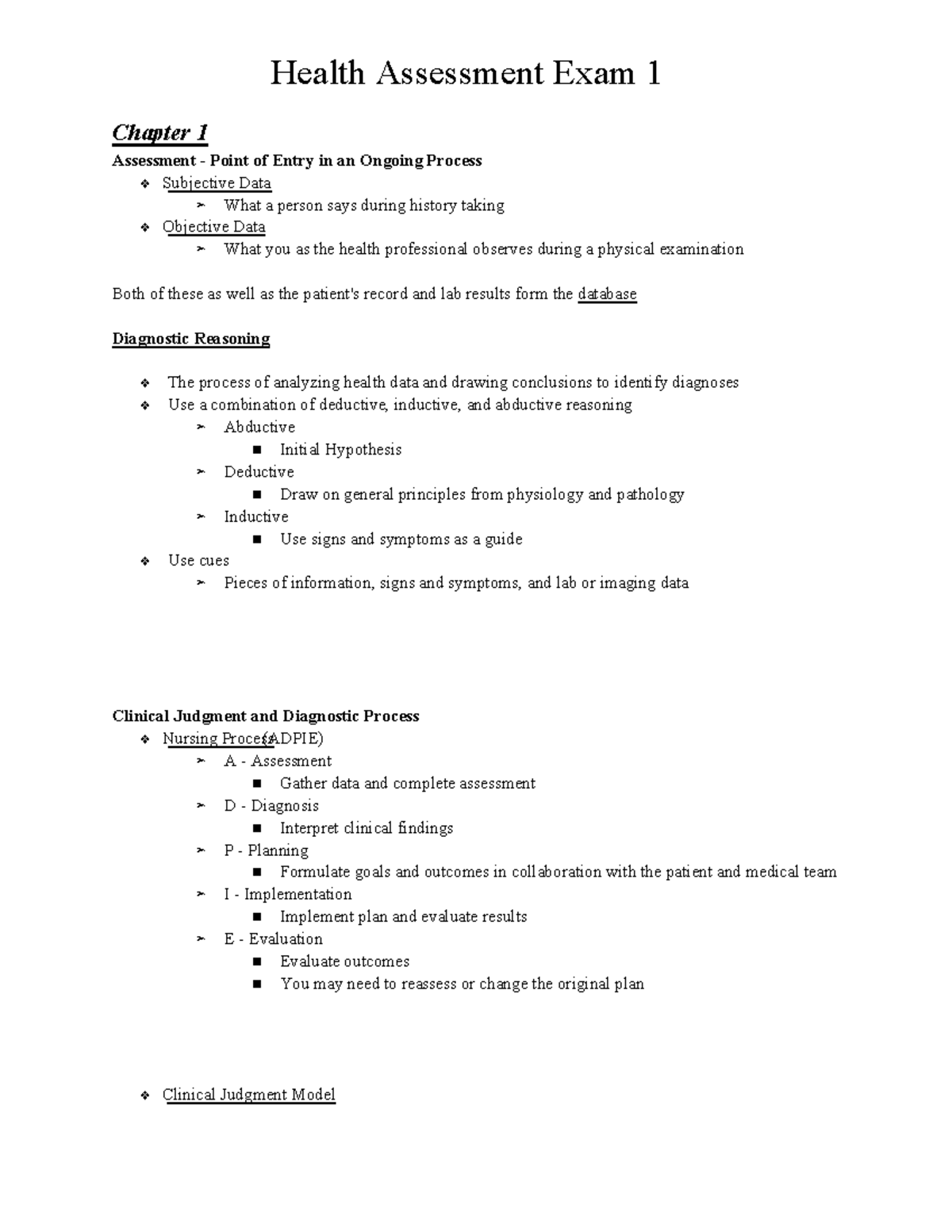 Health Assessment Exam 1 Study Guide: Key Concepts and Processes - Studocu