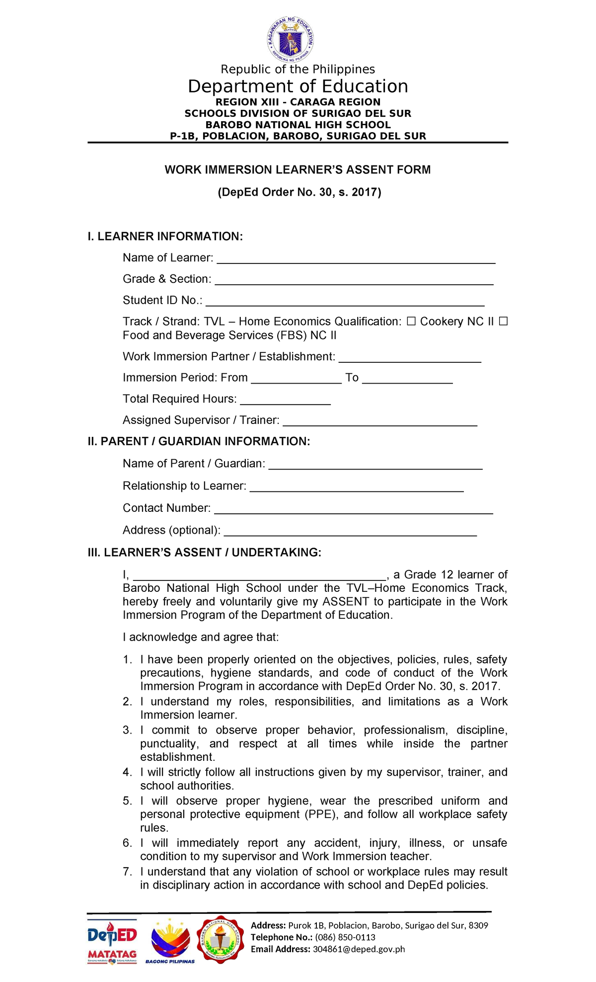 WORK IMMERSION ASSENT FORM - DepEd Order No. 30, s. 2017 - Studocu
