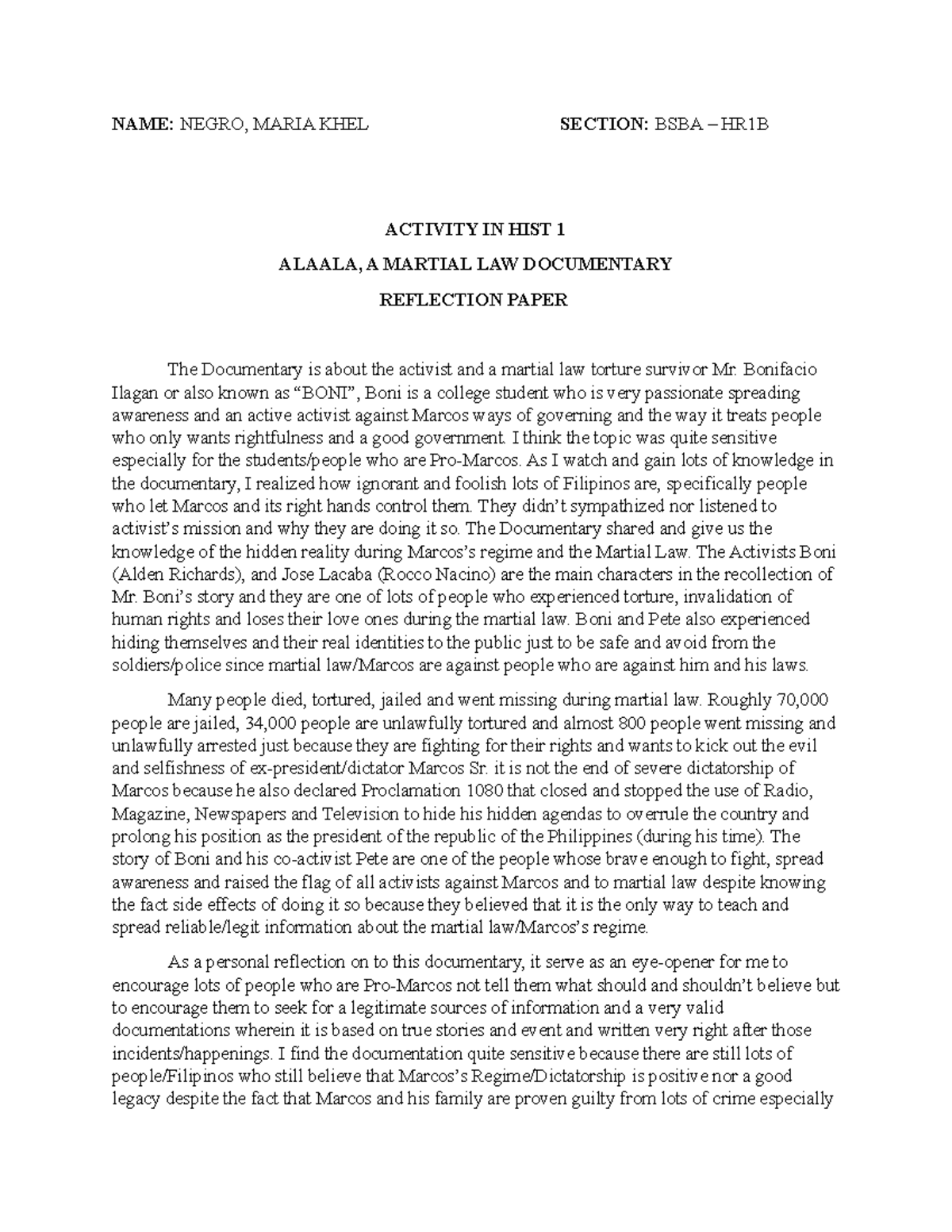 Activity; alaala, a martial law documentary reflection paper - NAME ...