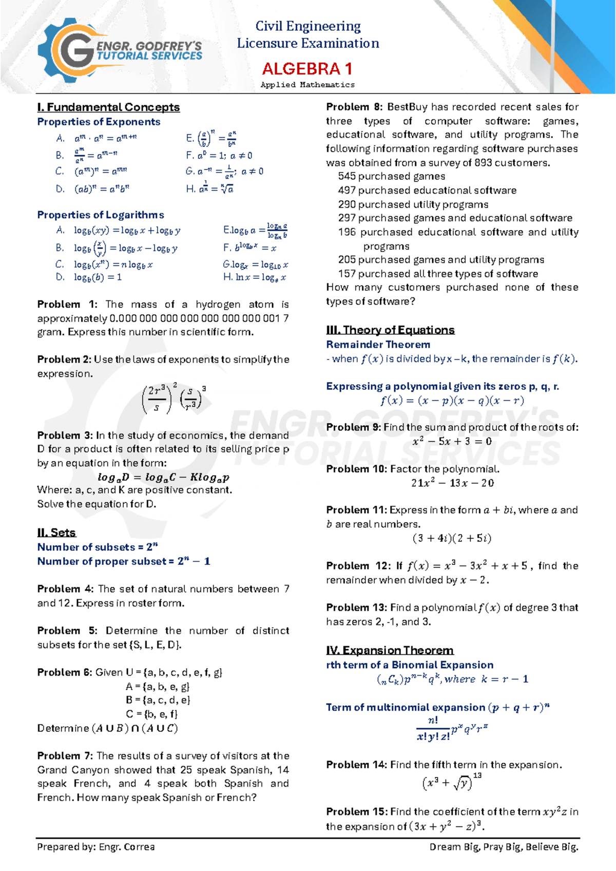 Civil Engineering Licensure Exam: Algebra 1 Concepts & Problems - Studocu