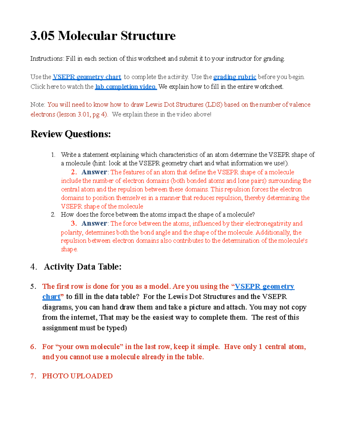 3 05 Molecular Structure Worksheet 3 Molecular Structure Instructions