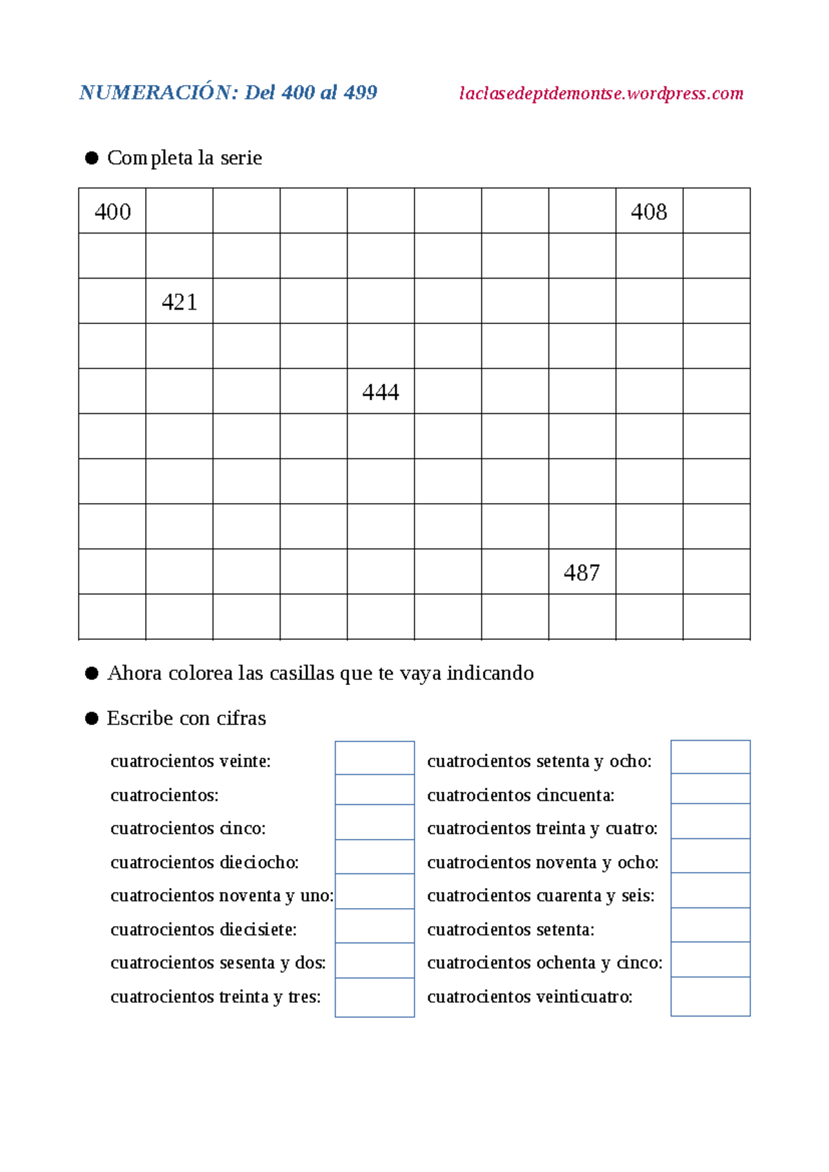 NUMERACIÓN: Actividad Serie del 400 al 499 - Studocu